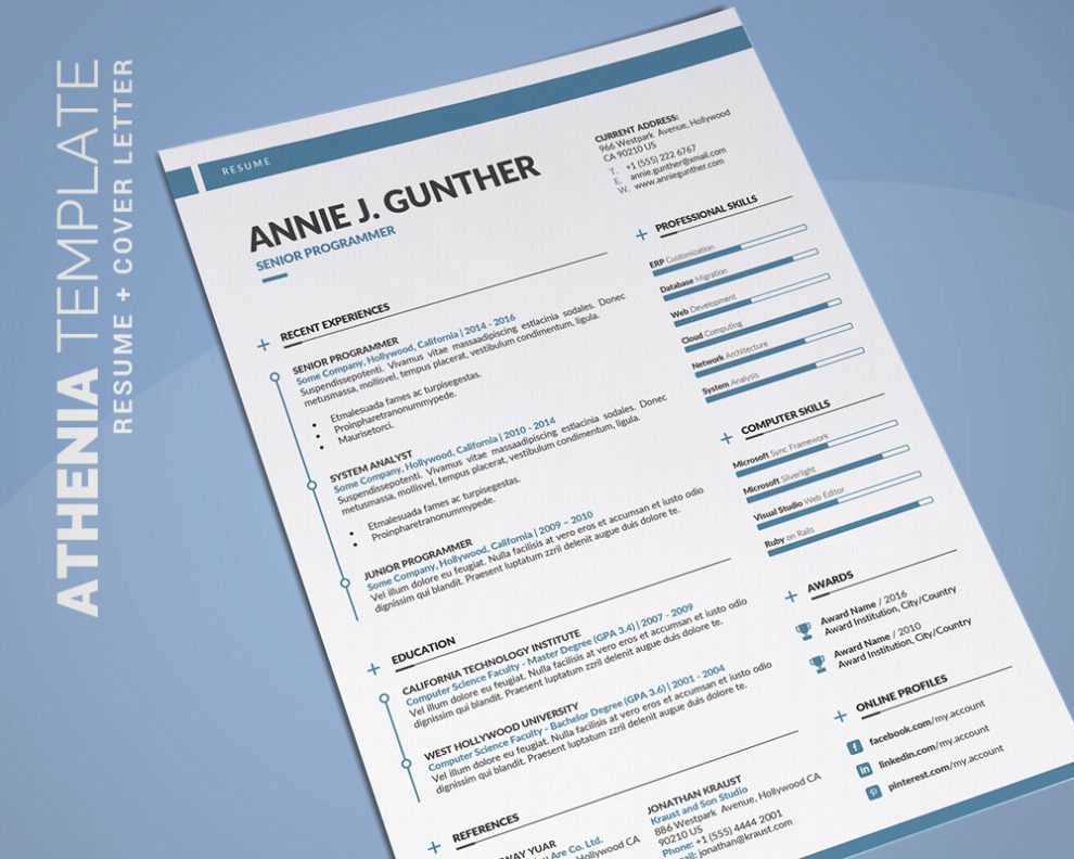 Simple, Classic & Clean Resume Template – The Athenia Resume