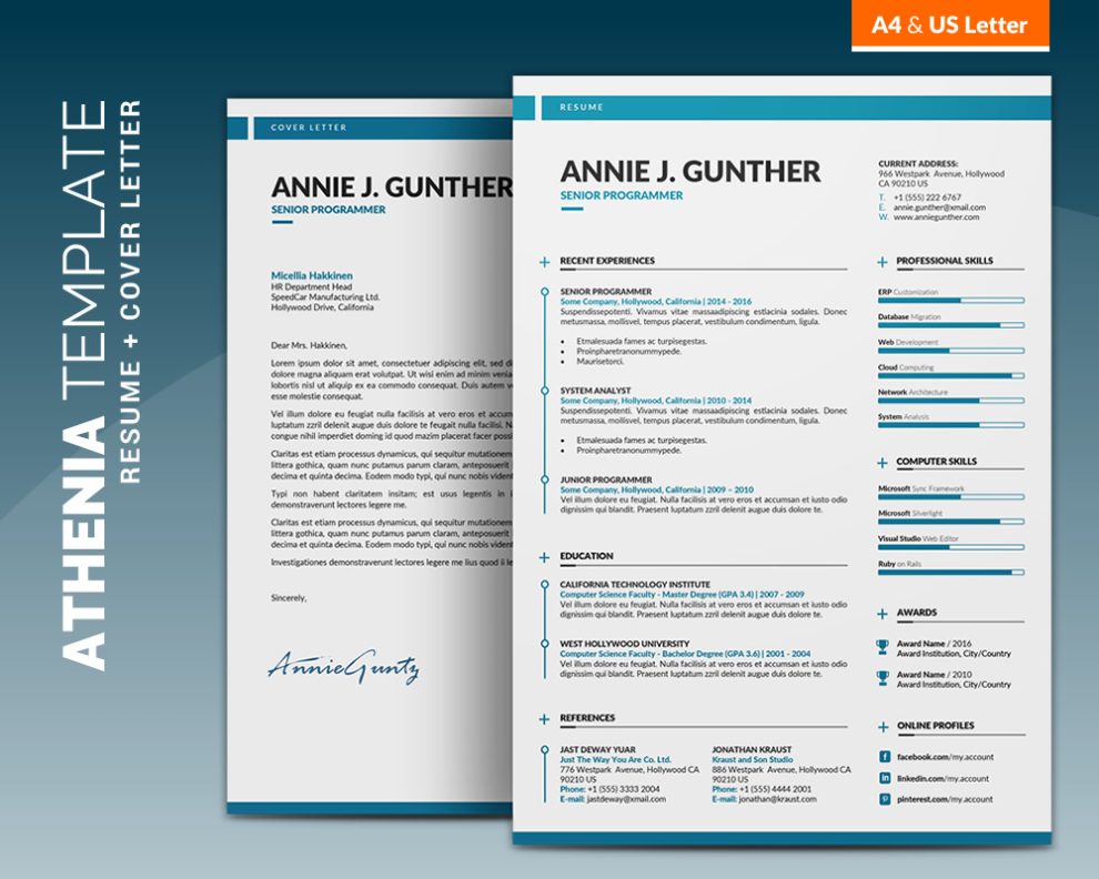 Simple, Classic & Clean Resume Template – The Athenia Resume