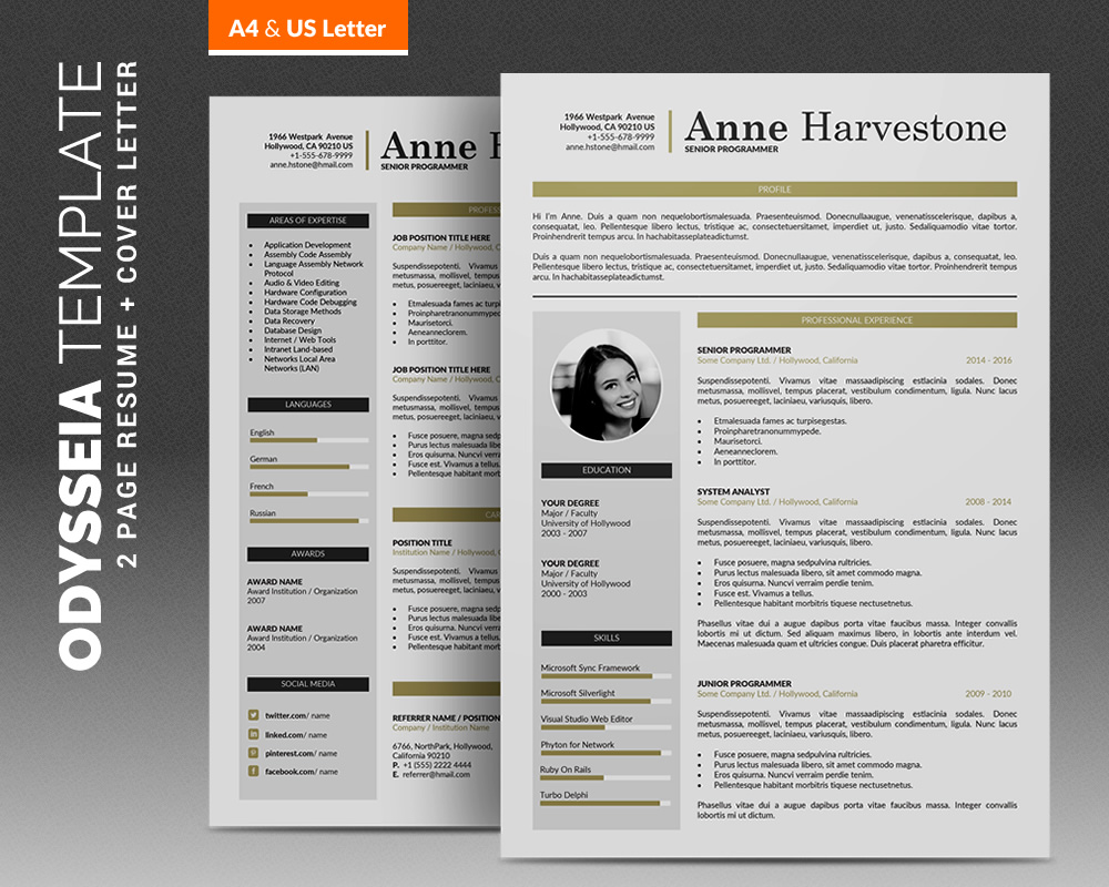 Odysseia Professional Resume / Best 2-Page Creative Resume Template ...